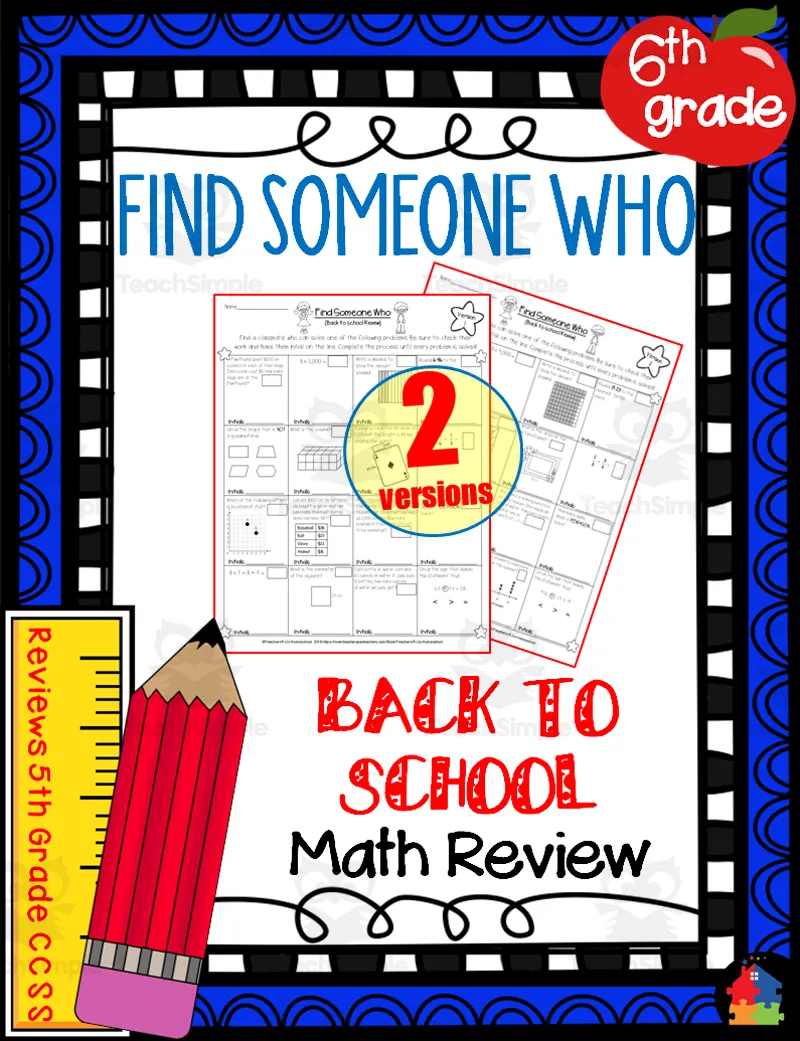 6th Grade - Find Someone Who | Back to School Math Review by Teach Simple