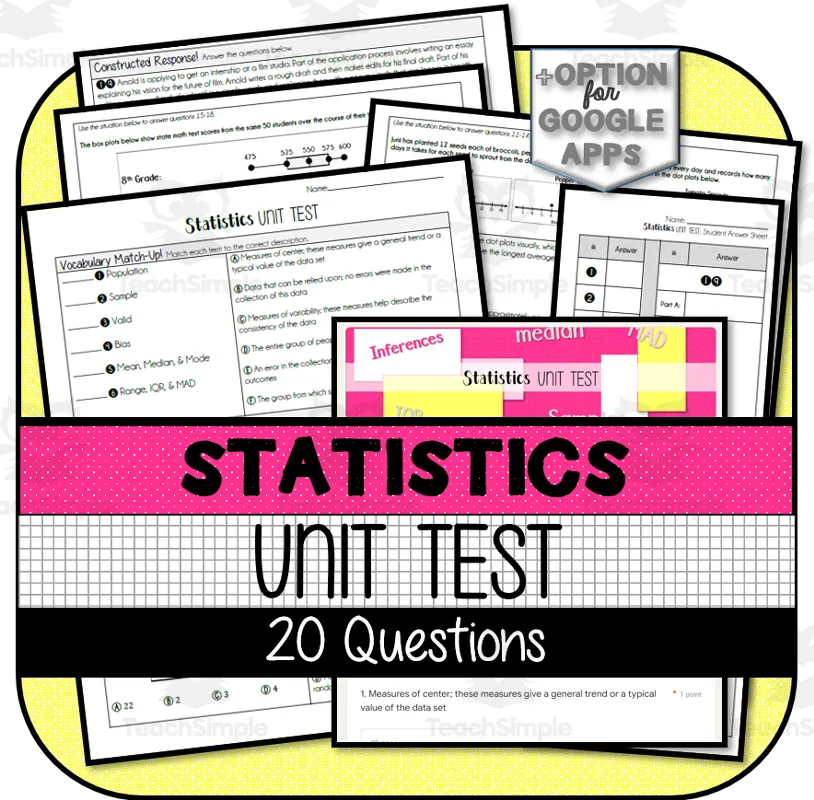 7th Grade Statistics UNIT TEST by Teach Simple