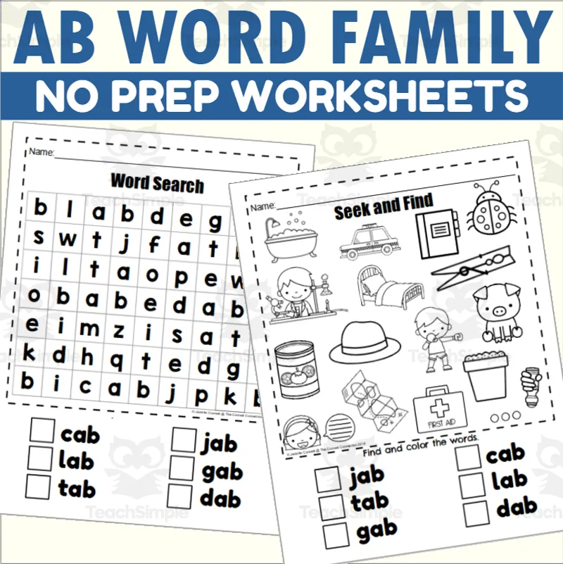 AB Word Family Fun Worksheets by Teach Simple