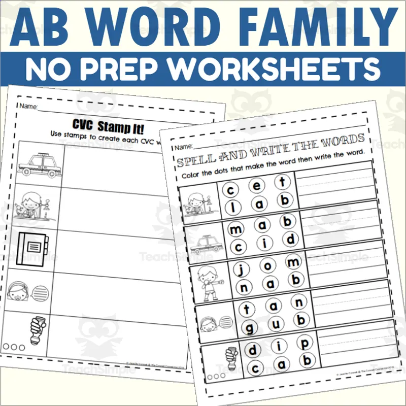 AB Word Family Worksheets - Read Write and Spell by Teach Simple