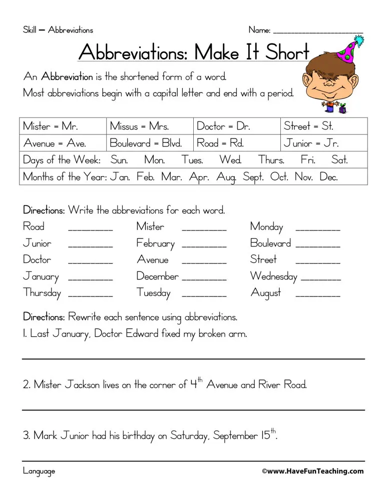 Abbreviations Worksheet by Teach Simple