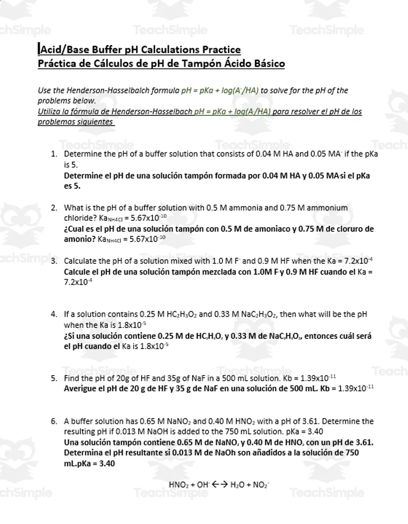 Acid/Base Buffer pH Calculations Practice ESL: Spanish version by Teach ...