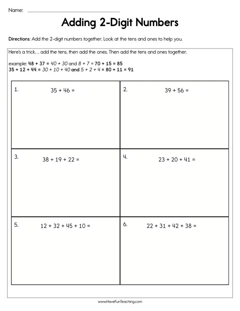 Adding 2 Digit Numbers Worksheet by Teach Simple