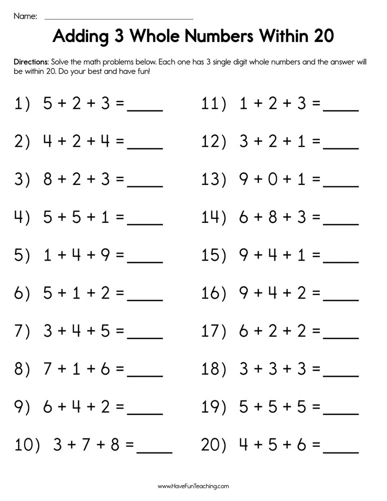 Adding 3 Whole Numbers within 20 Worksheet by Teach Simple
