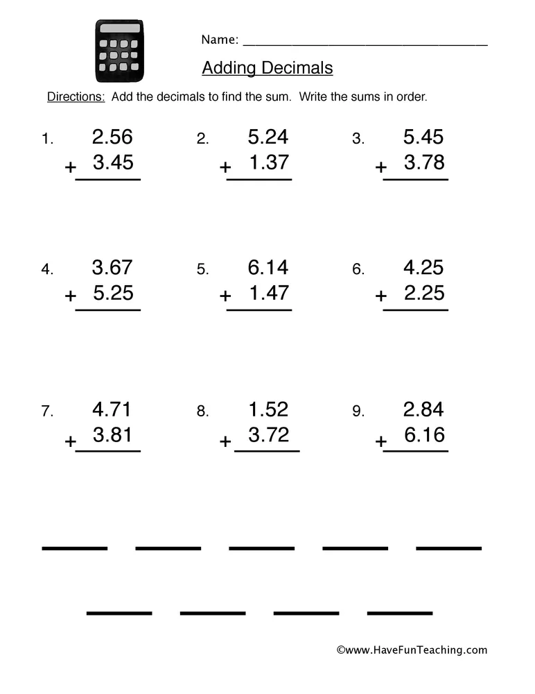 Adding Decimals Equations Worksheet by Teach Simple