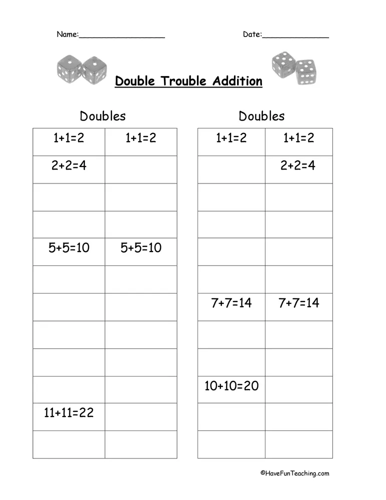 Adding Doubles Worksheet by Teach Simple