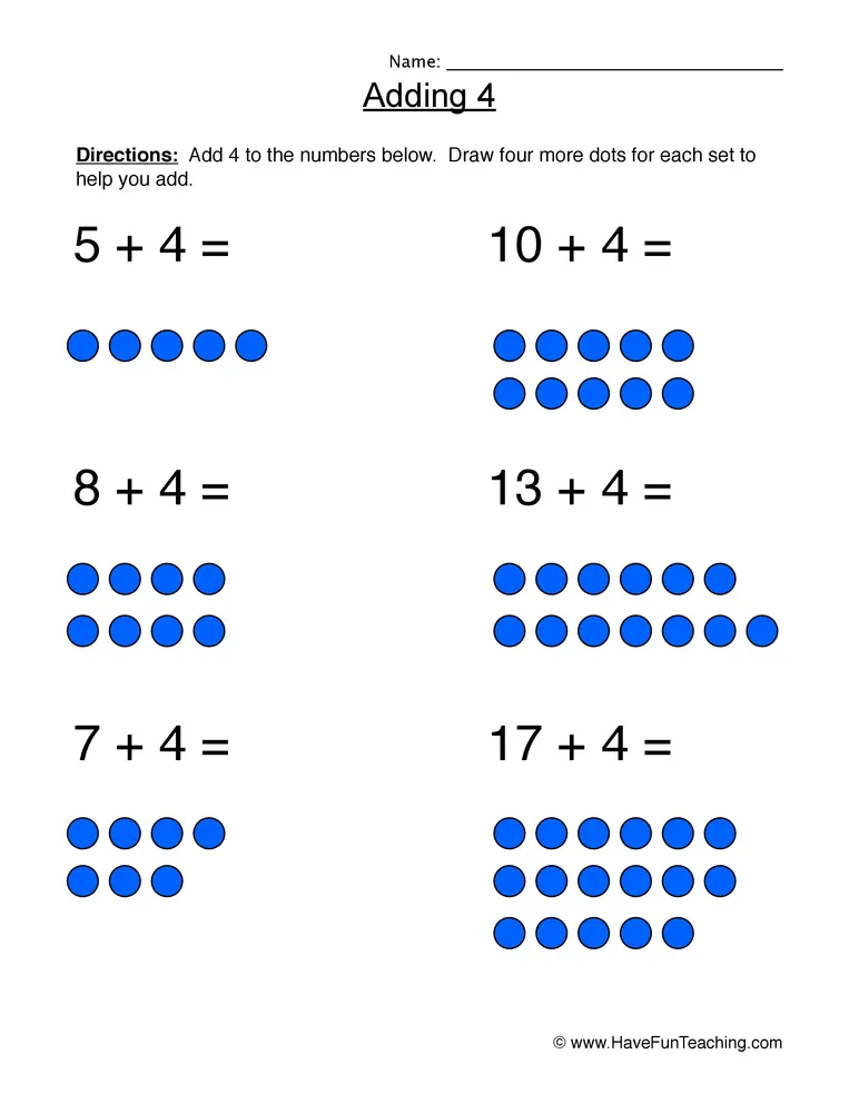 Adding Four Using Pictures Worksheet by Teach Simple
