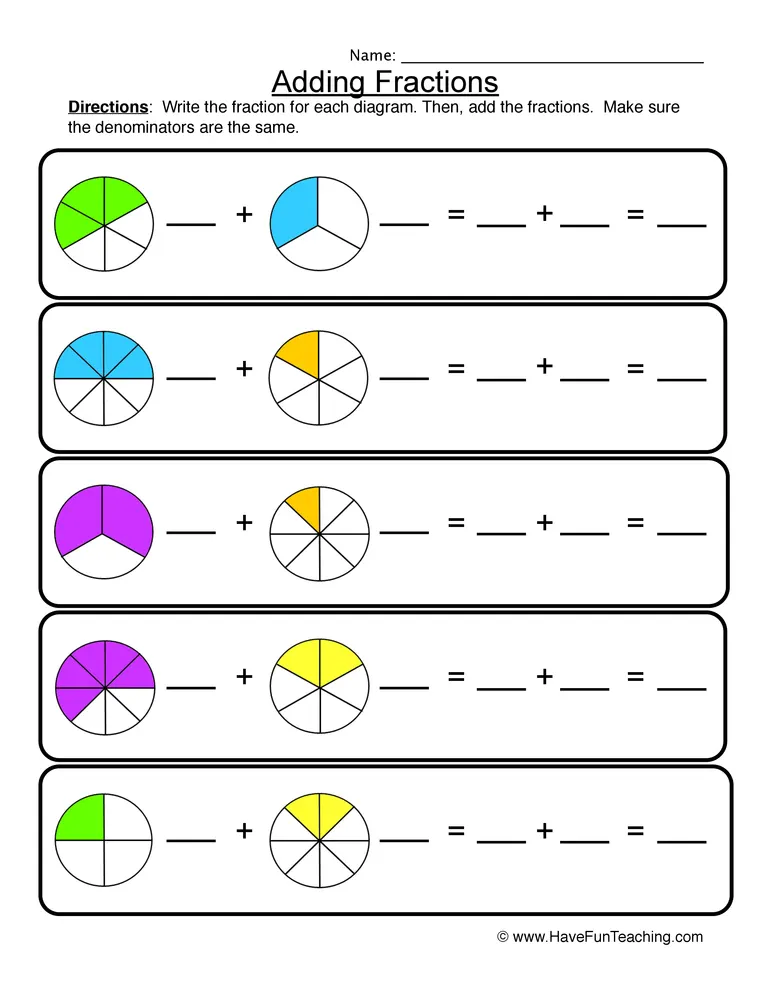 Adding Fractions Pictures Worksheet by Teach Simple