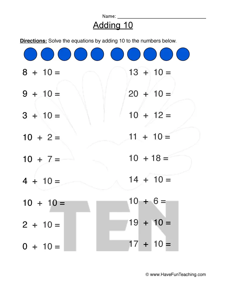 Adding Ten Equations Worksheet by Teach Simple