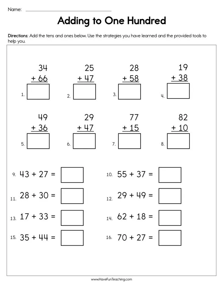 Adding to One Hundred Worksheet by Teach Simple