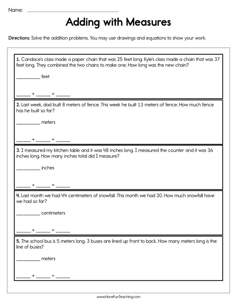 Adding with Measures Worksheet by Teach Simple