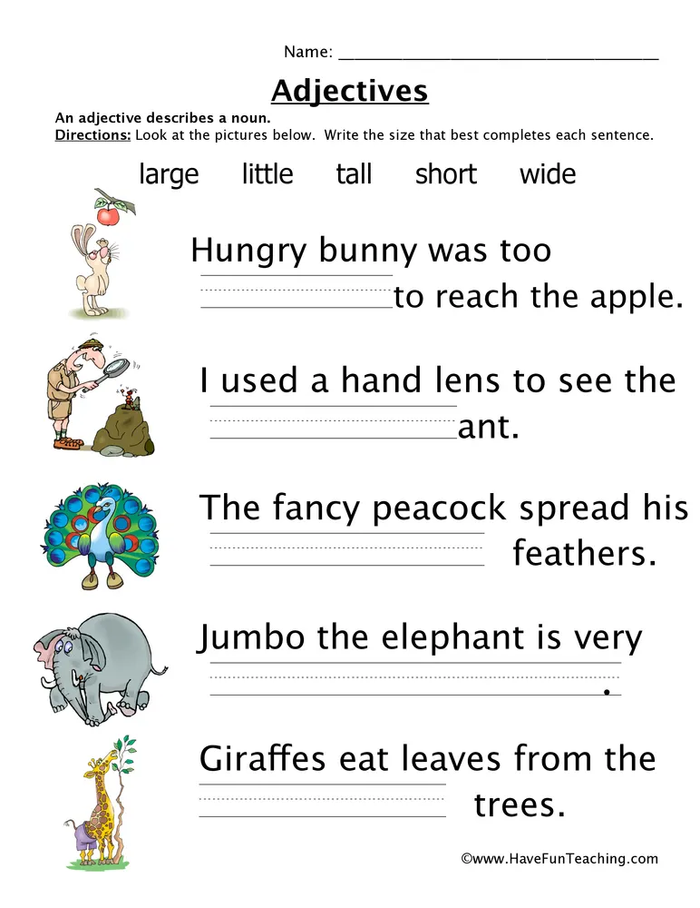 Adjectives Size Worksheet by Teach Simple