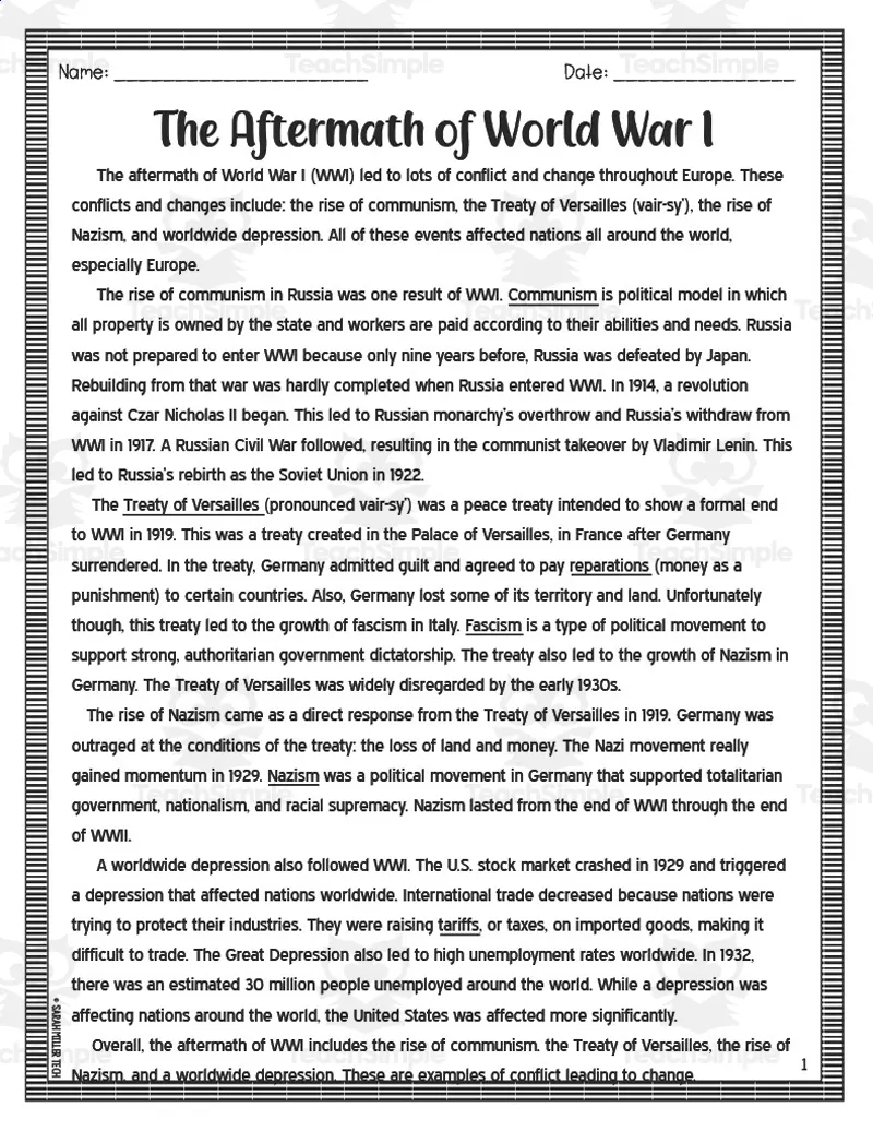 Aftermath of World War I Reading Packet by Teach Simple
