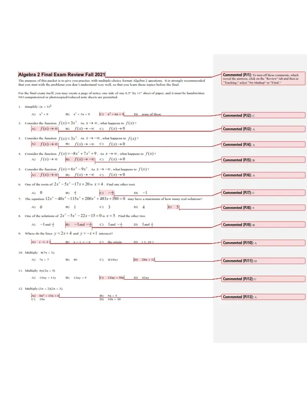 Algebra 2 Final Exam Review with Answer Key by Teach Simple