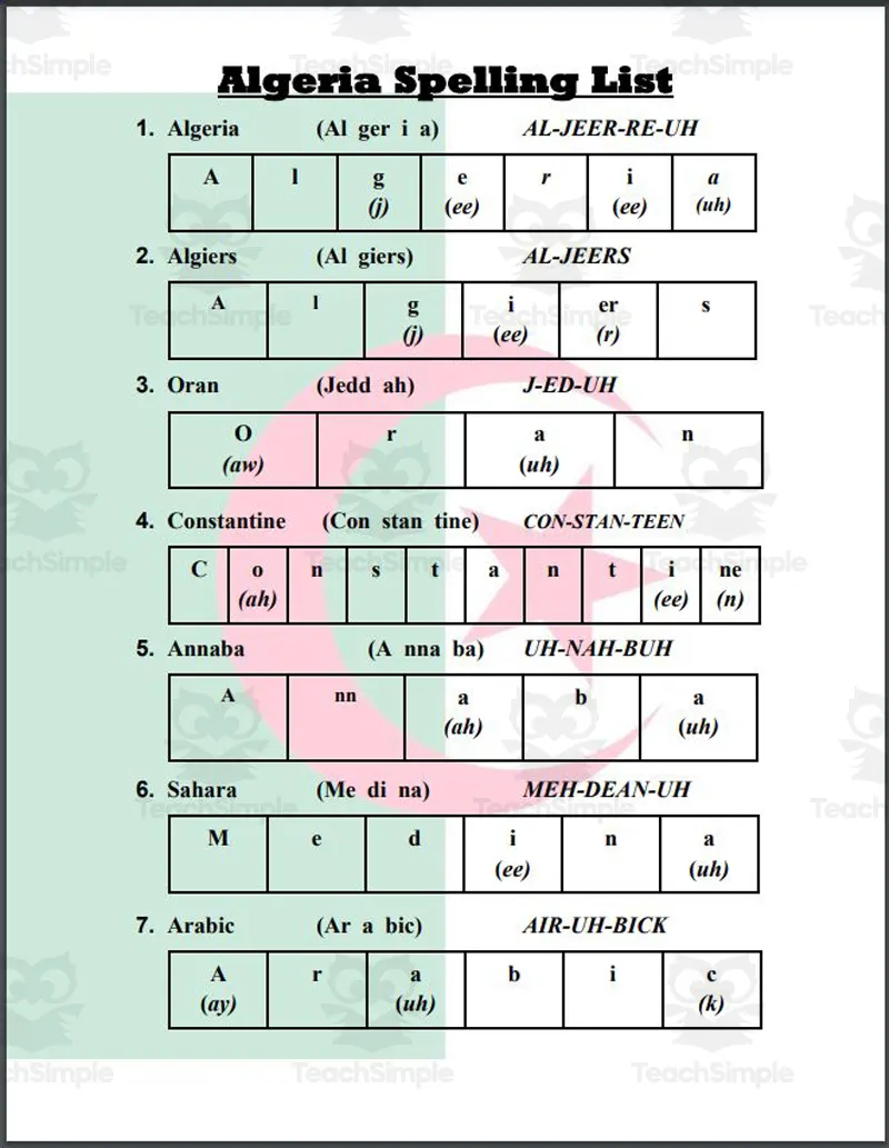 Algeria Spelling List by Teach Simple