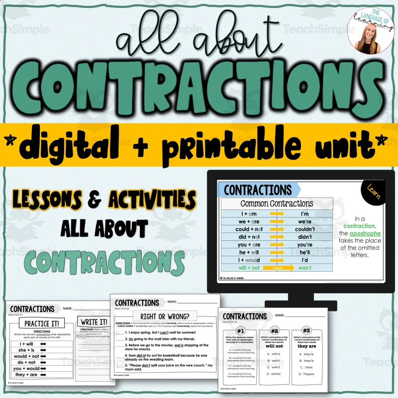 All About Contractions | Print & Digital Grammar Unit by Teach Simple