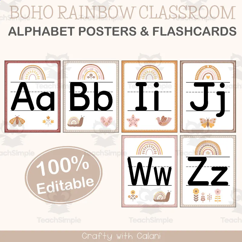Alphabet Poster & Flashcards in Boho Rainbow Theme - 100% Editable by ...