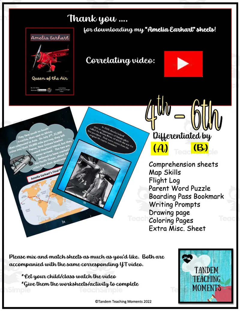 Amelia Earhart 4th - 6th Grade Worksheet Packet by Teach Simple