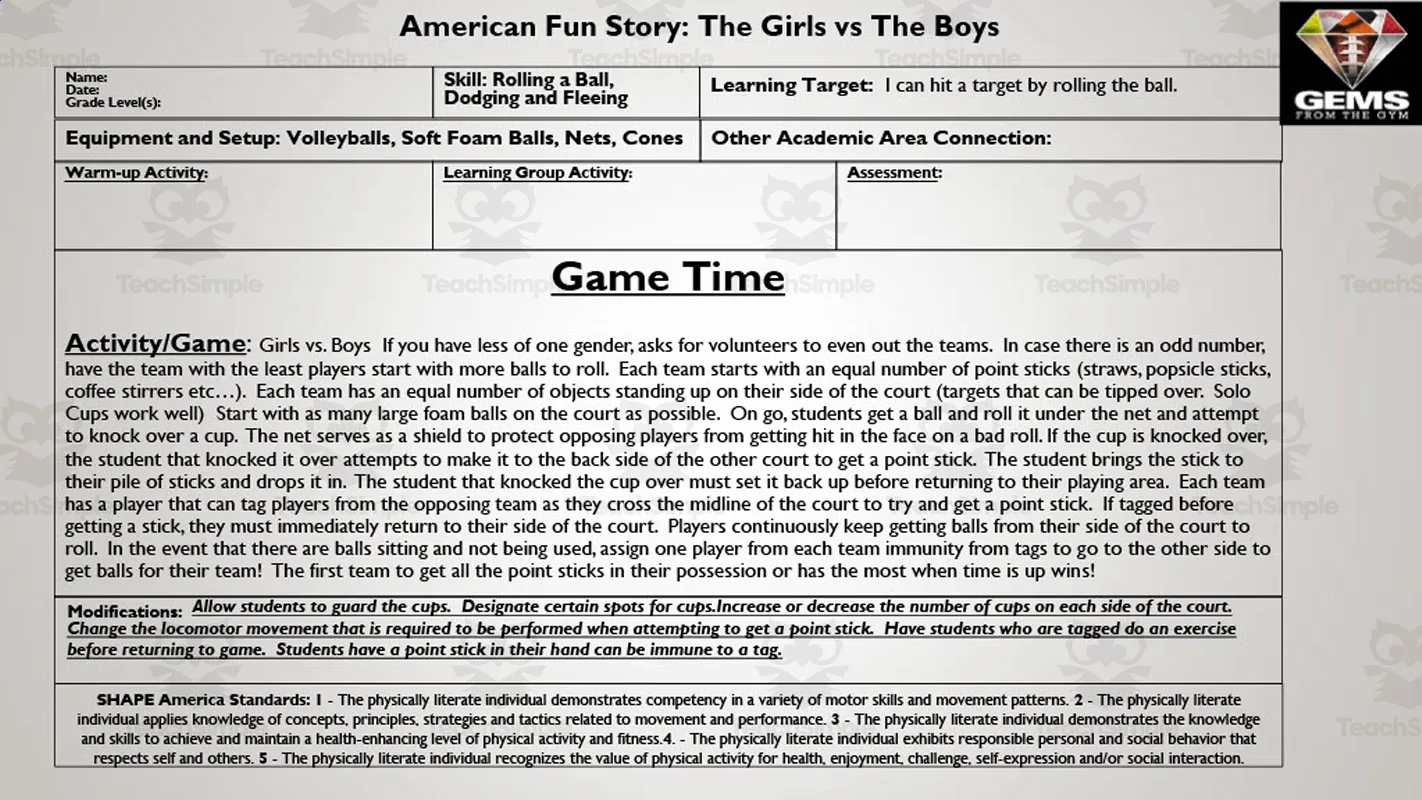 American Fun Story: The Girls vs. The Boys PE Game by Teach Simple