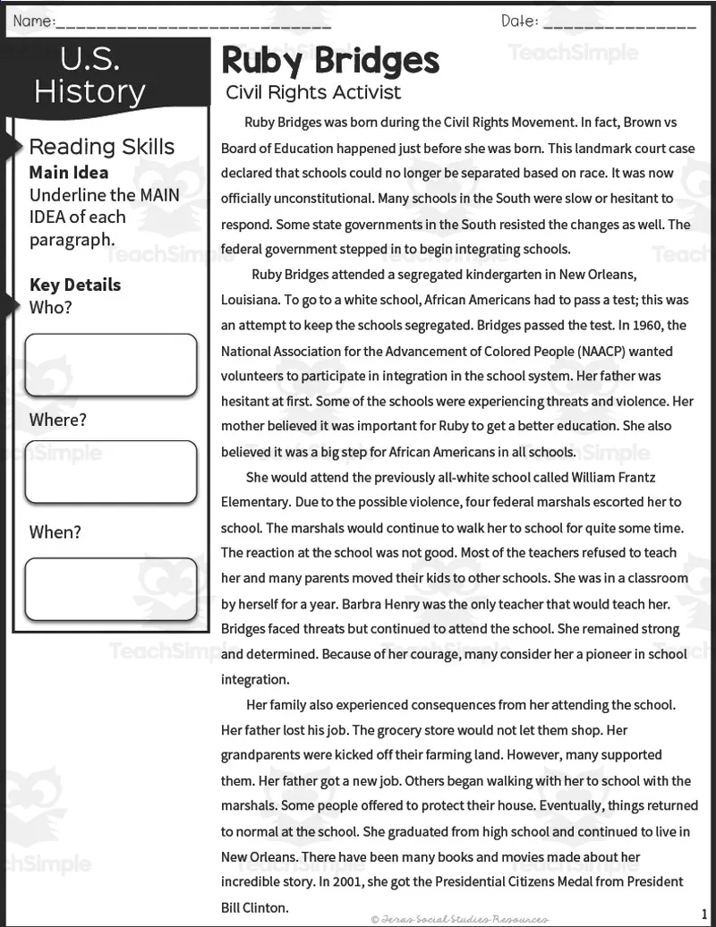 American History Ruby Bridges Reading Packet By Teach Simple