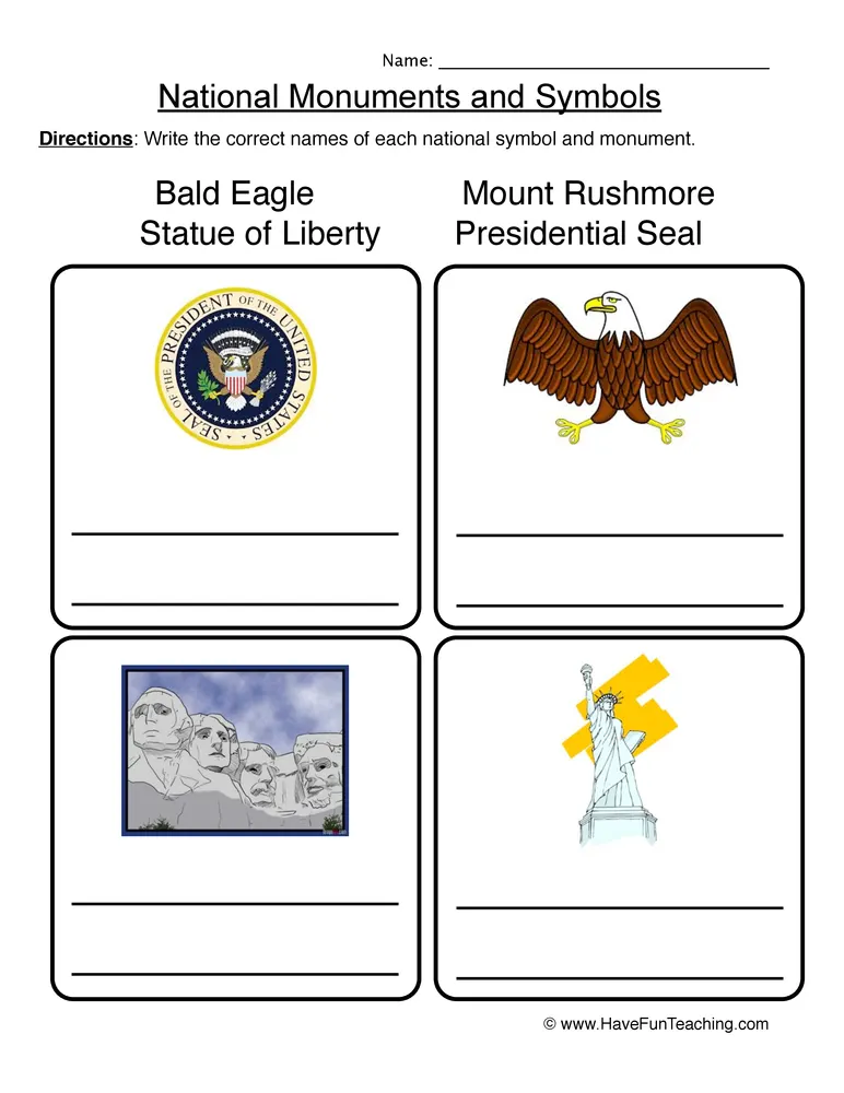 American Monuments Symbols Worksheet by Teach Simple
