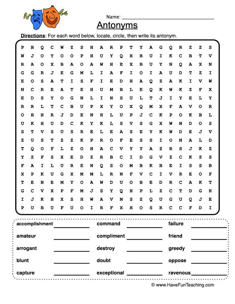 Antonyms Word Search Worksheet by Teach Simple