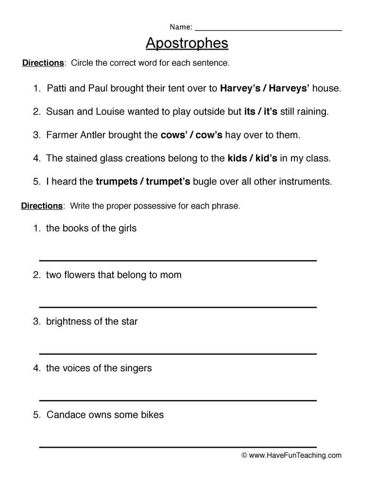 Apostrophe Possession Worksheet by Teach Simple