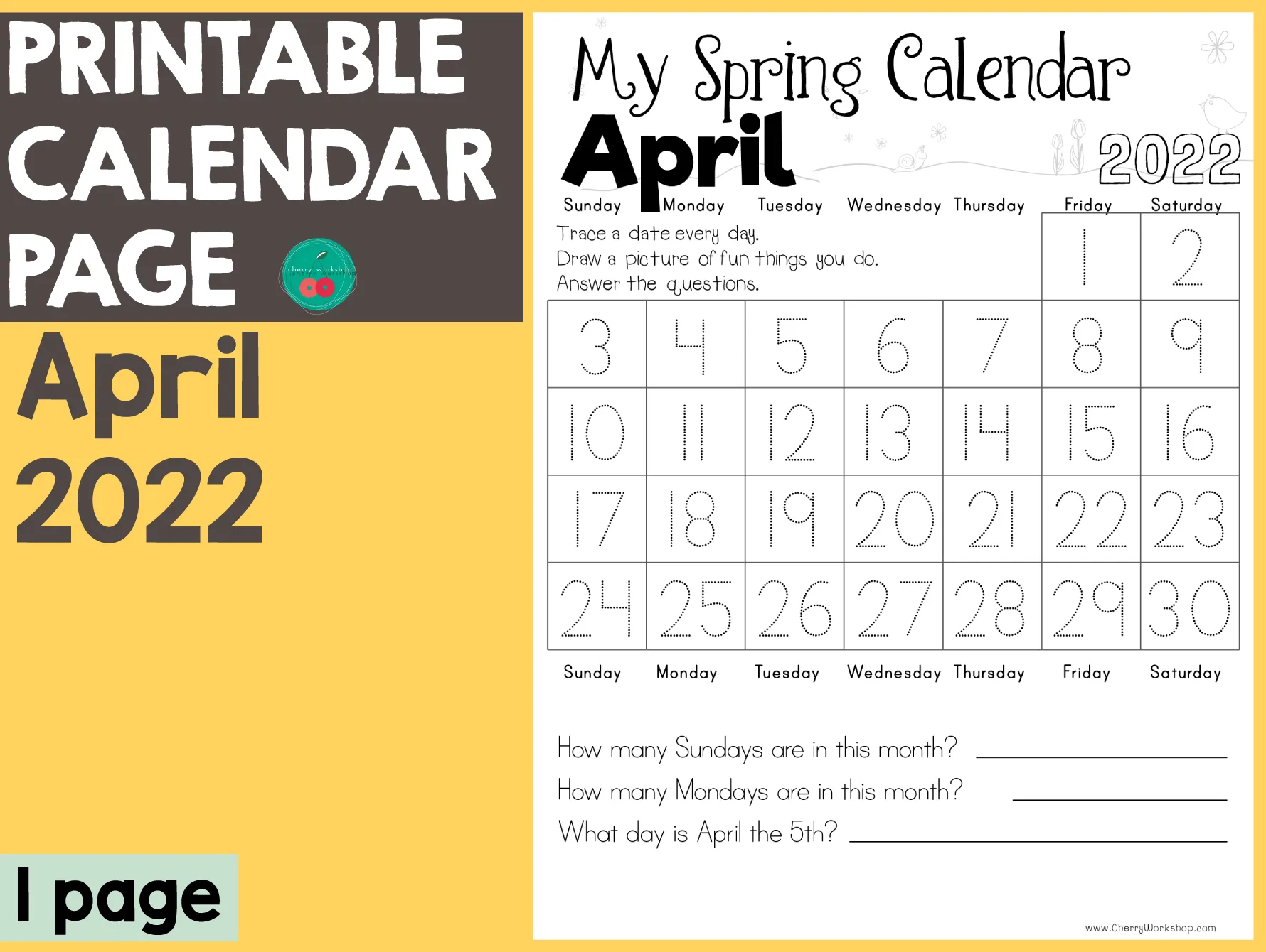 April 2022 Printable Calendar by Teach Simple