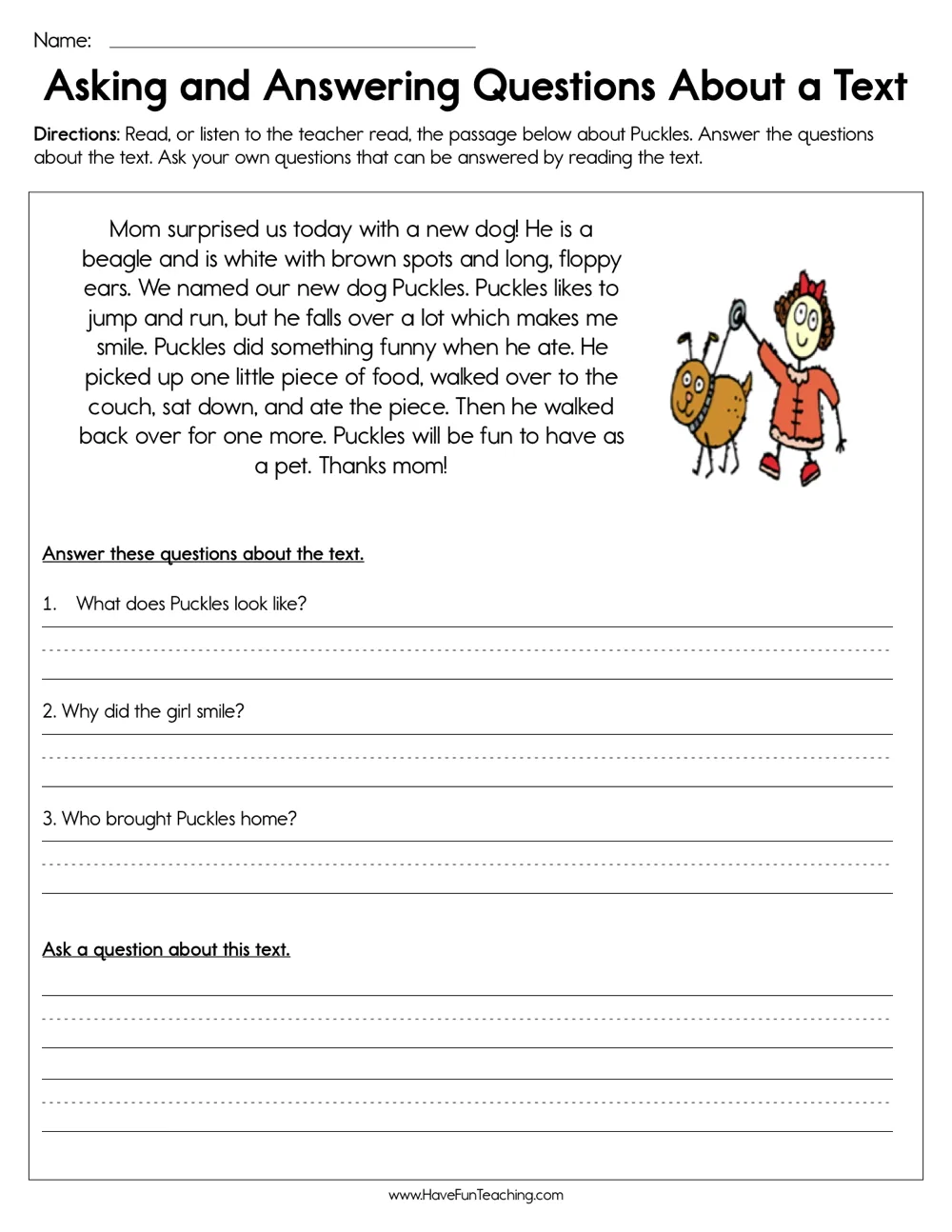 Asking and Answering Questions about a Text Worksheet by Teach Simple