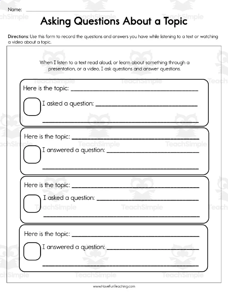 Asking Questions About a Topic Worksheet by Teach Simple