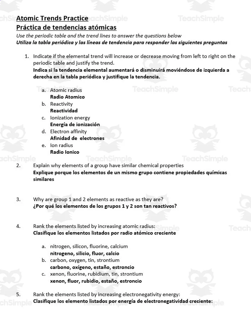 Atomic Trends Practice ESL: Spanish version by Teach Simple