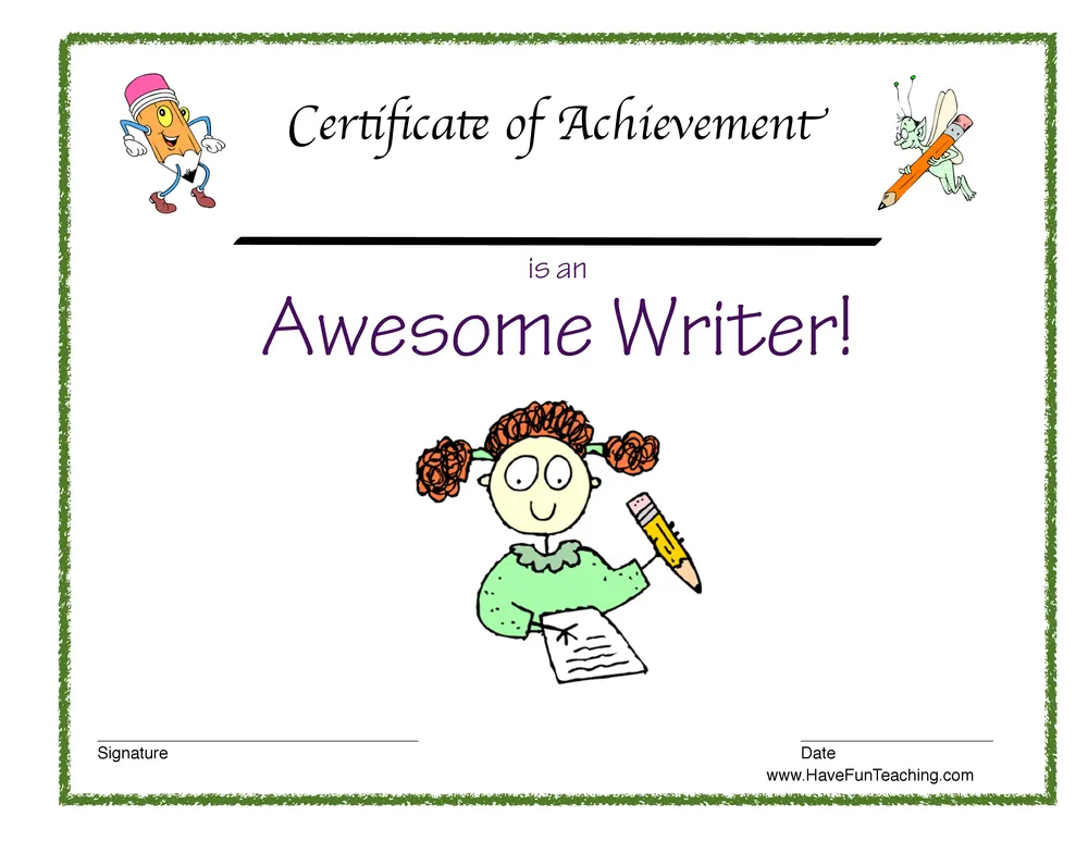Awesome Writer Reward Certificate for Girls by Teach Simple