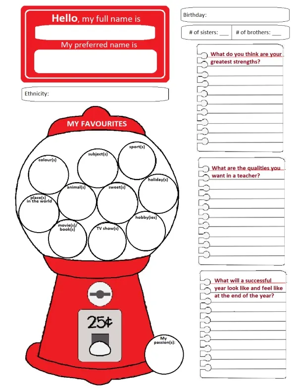 Back to School - All About me - Gumball Worksheet by Teach Simple