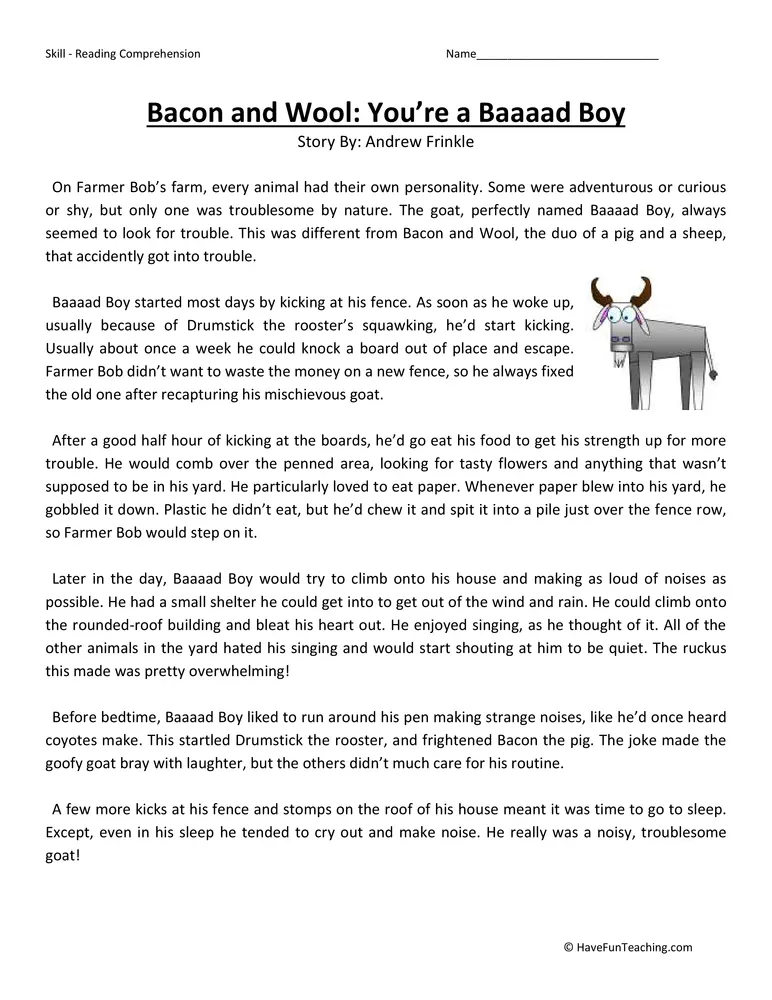 Bacon and Wool: You're a Baaaad Boy - Reading Comprehension Worksheet ...