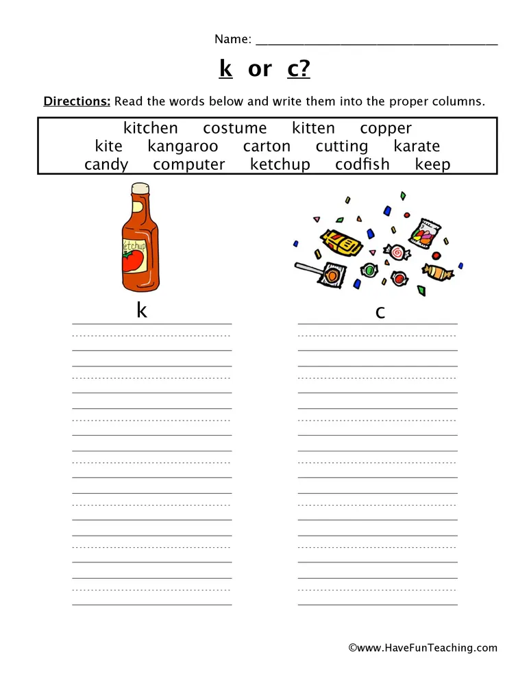 Beginning Sounds K-C Sort Worksheet by Teach Simple
