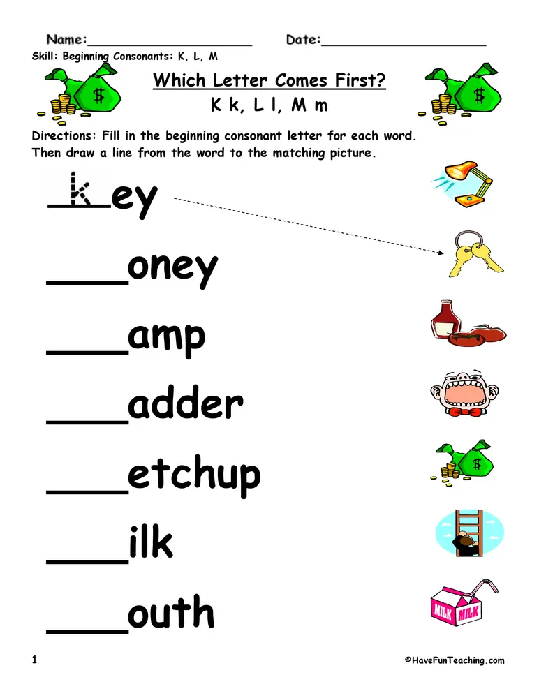 Beginning Sounds K, L, M Worksheet by Teach Simple