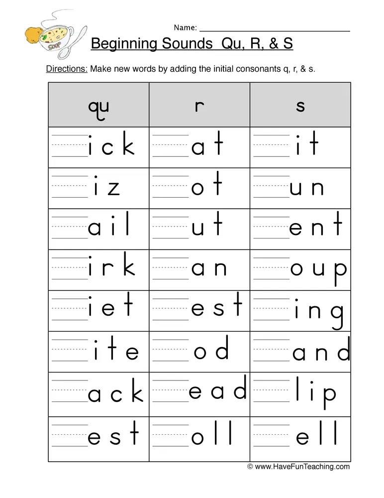 Beginning Sounds Q R S Worksheet by Teach Simple
