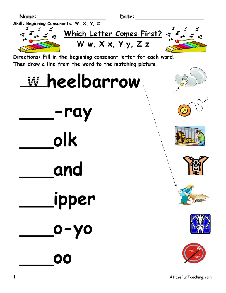 Beginning Sounds W, X, Y, Z Worksheet by Teach Simple