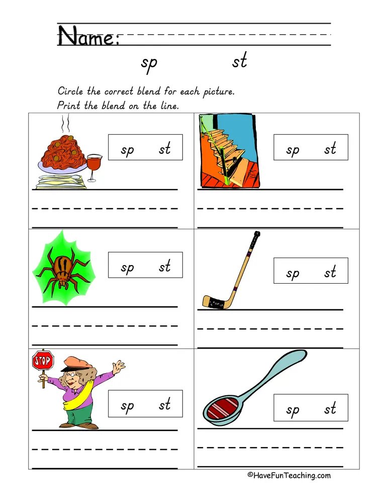 Blends SP, ST Worksheet by Teach Simple