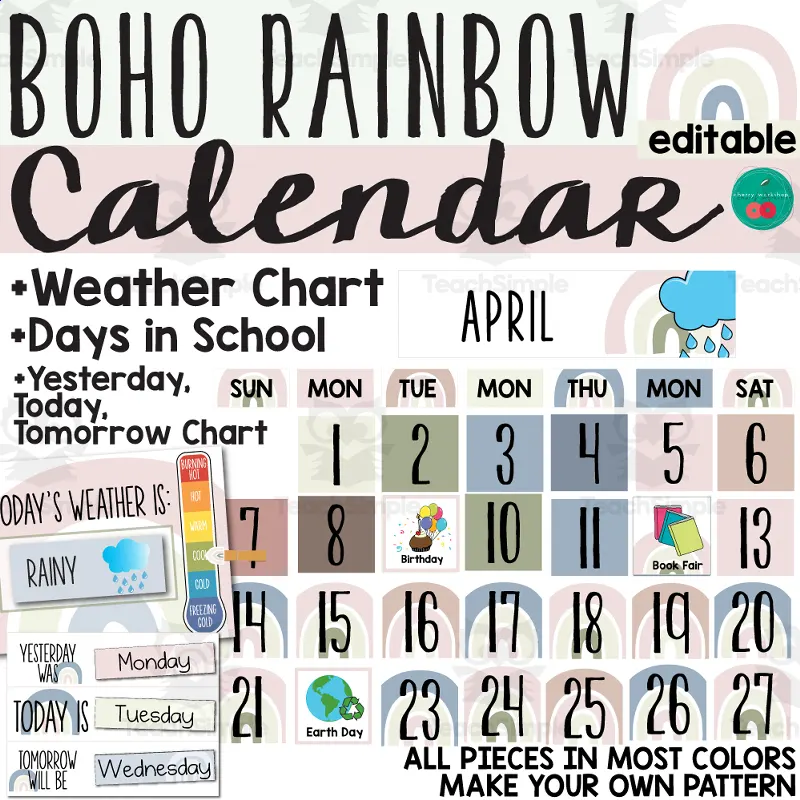 Boho Rainbow Calendar and Weather Display - Calming Colors Boho ...