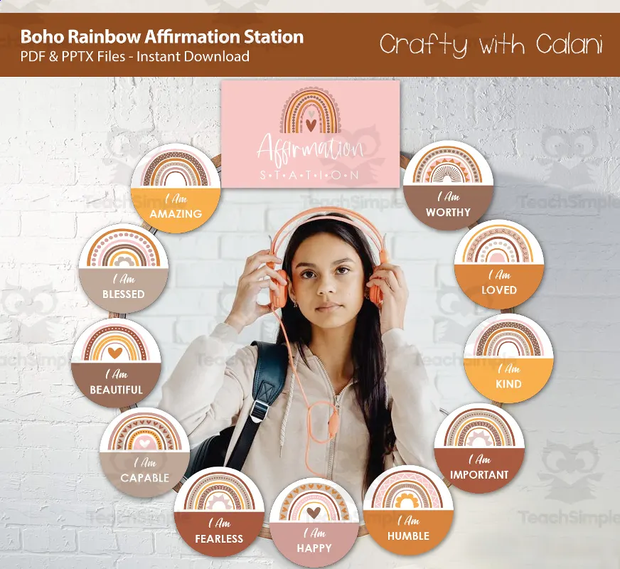 Boho Rainbow Classroom Positive Affirmation Station Kit by Teach Simple