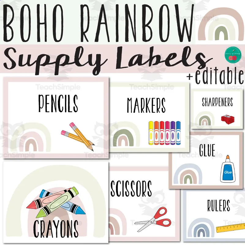 Boho Supply Labels - Editable - Boho Rainbow Classroom Decor by Teach ...
