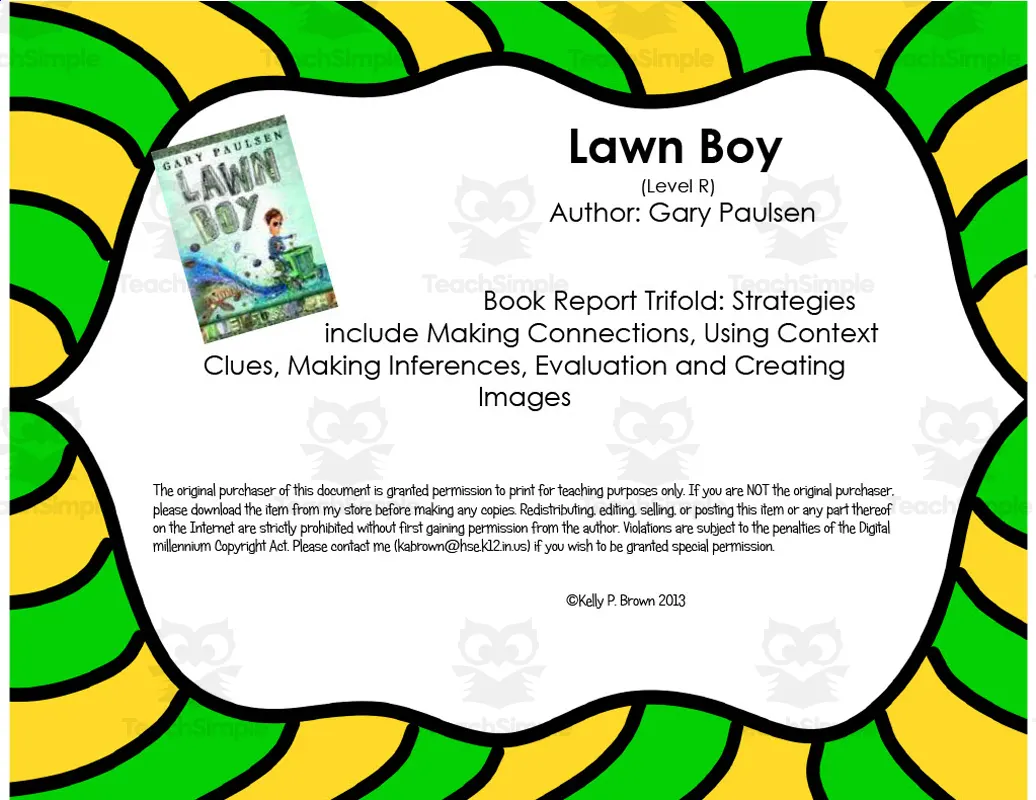 Book Report Trifold Project: Lawn Boy by Gary Paulsen by Teach Simple