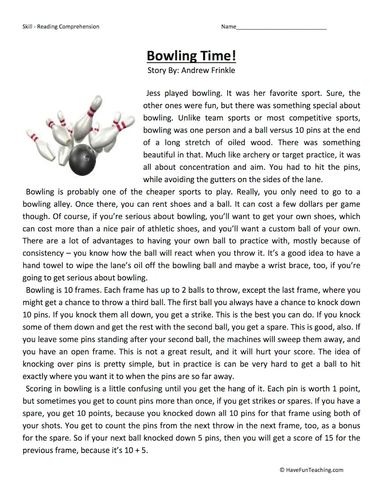 Bowling Time Reading Comprehension Worksheet by Teach Simple