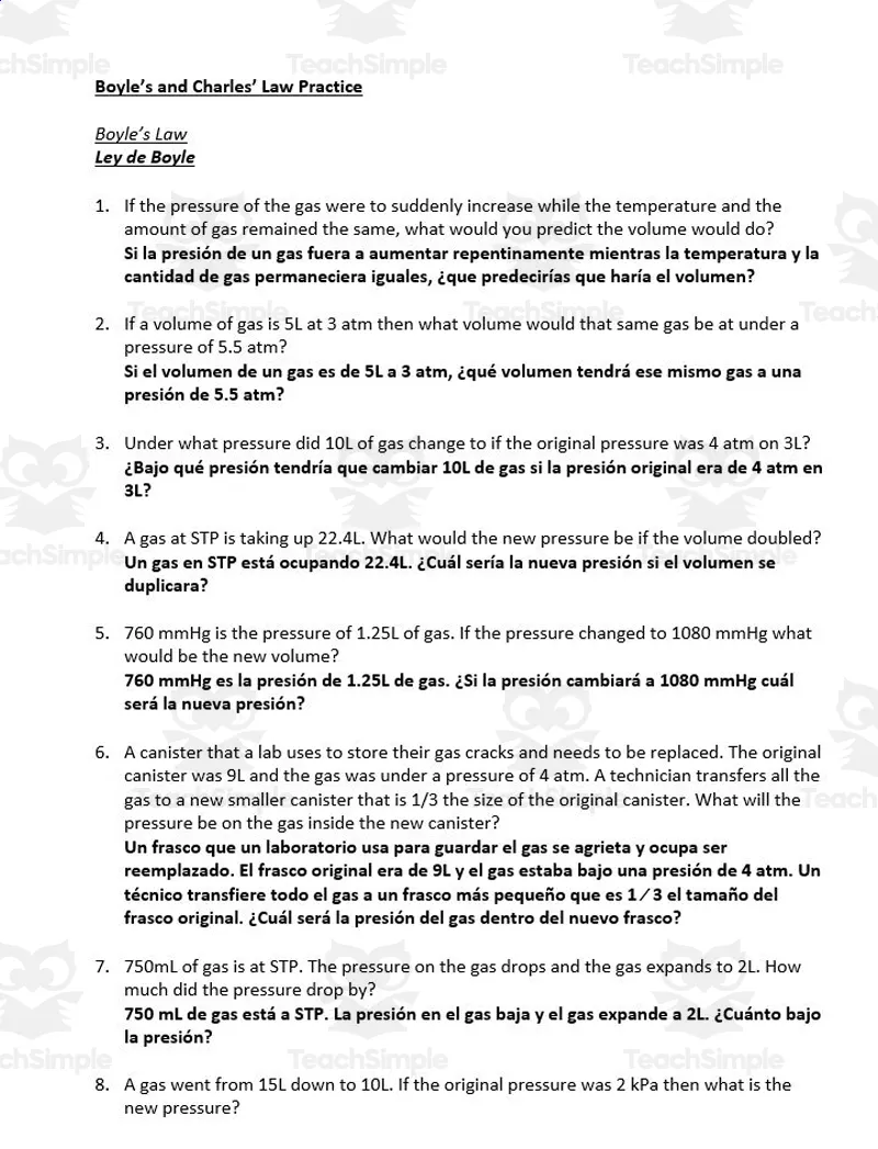 Boyles and Charles Law Practice Problems ESL: Spanish version by Teach ...
