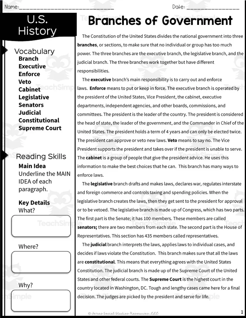 Branches of Government Reading Packet | Texas Social Studies by Teach ...