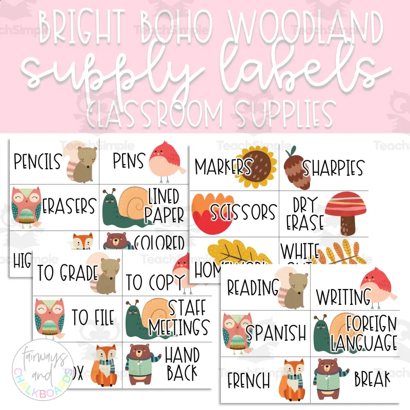 Bright Boho Woodland Classroom Supply Labels by Teach Simple
