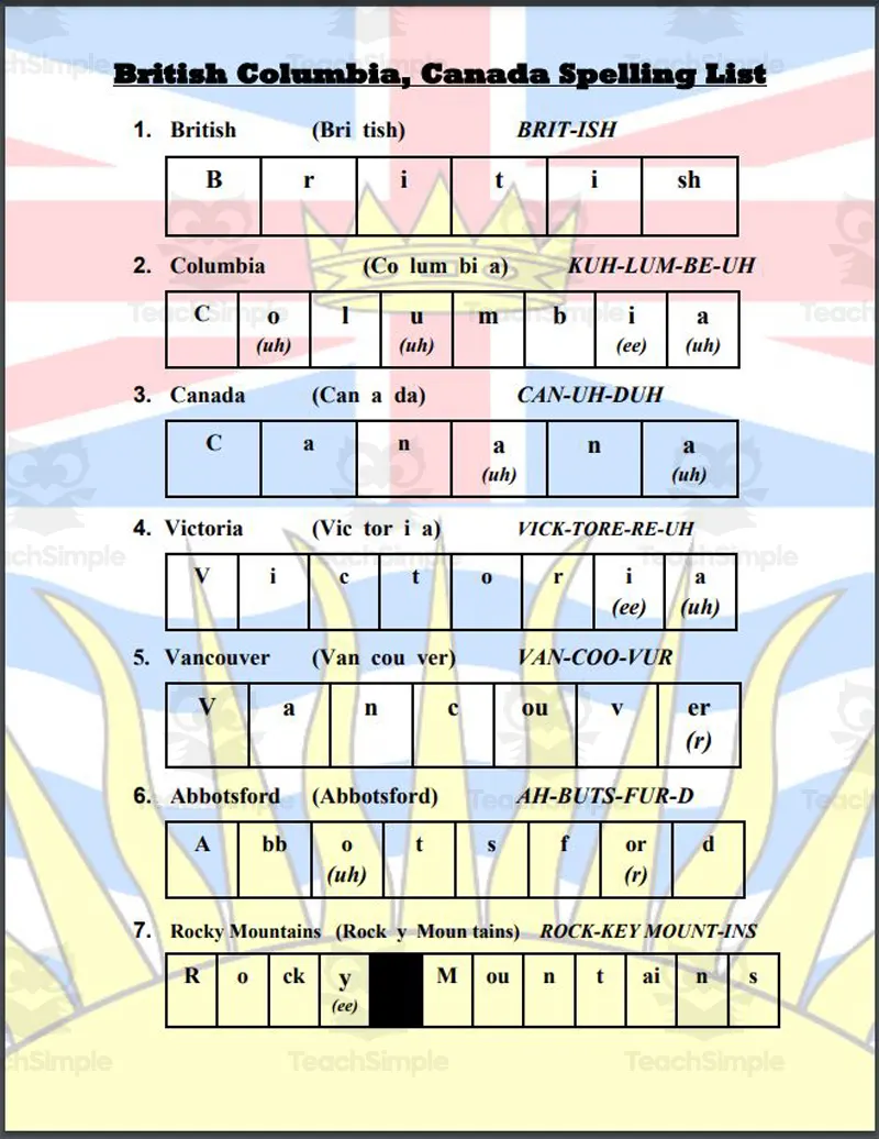 British Columbia (Canada) Spelling List by Teach Simple