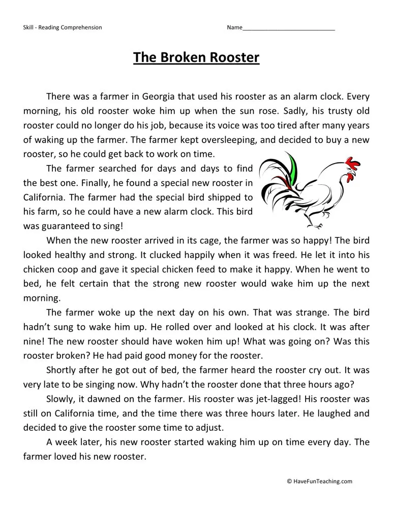 Broken Rooster Reading Comprehension Worksheet by Teach Simple