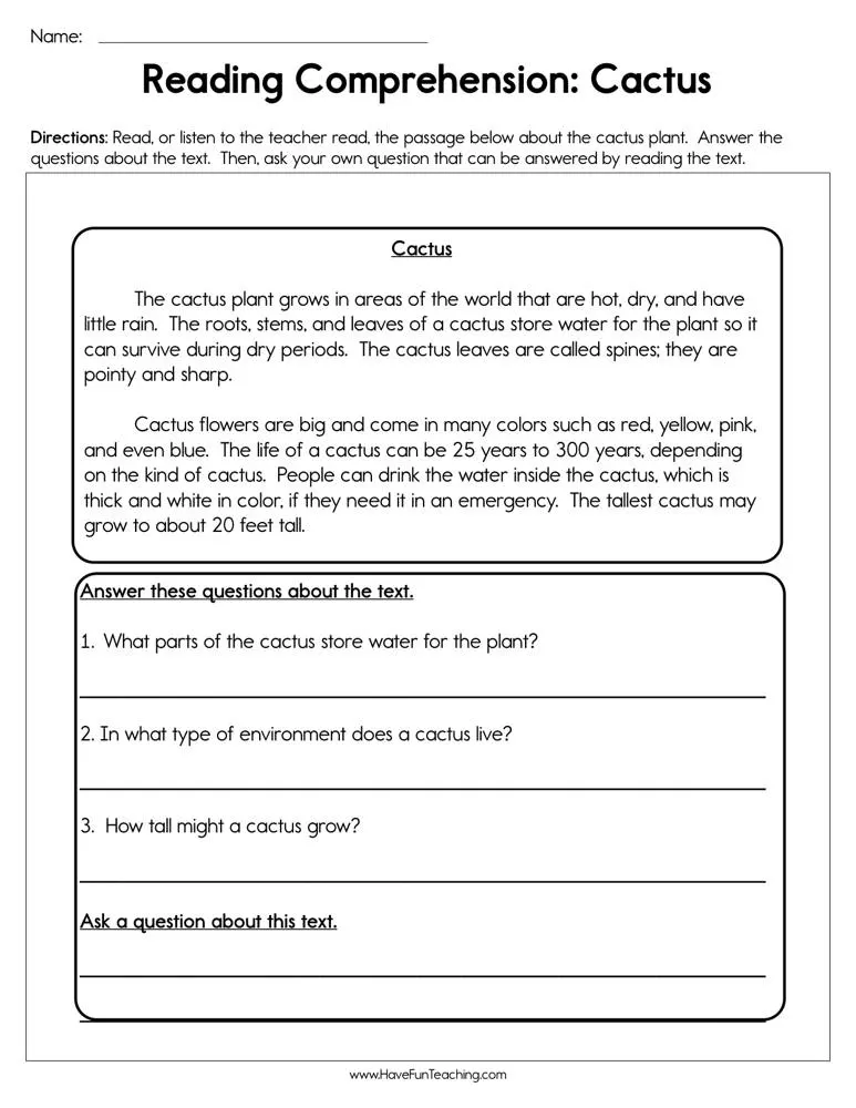 Cactus Reading Comprehension Worksheet by Teach Simple